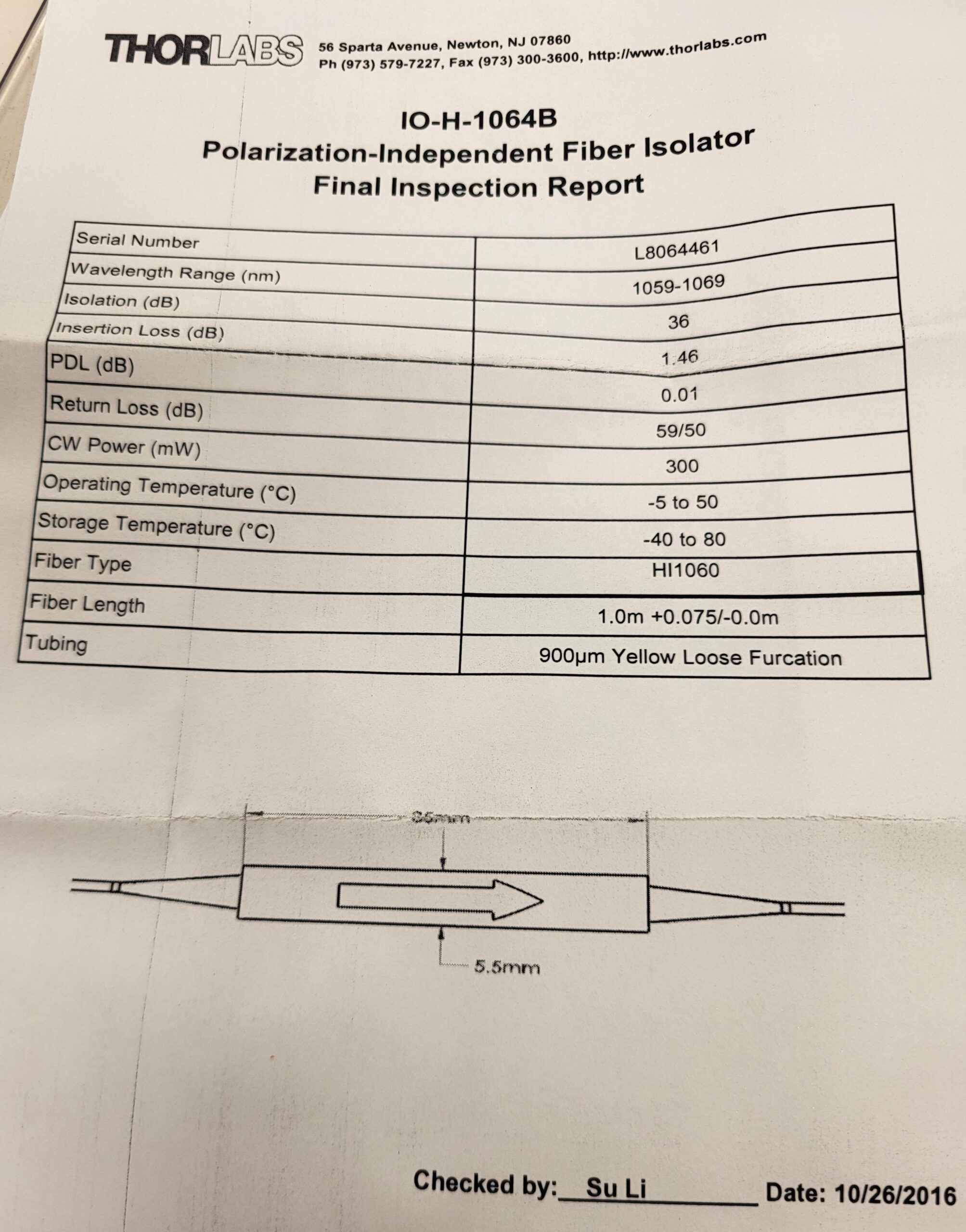 ThorLabs IO-H-1064B Optic Isolator - Optical Accessories - BMI SURPLUS INC