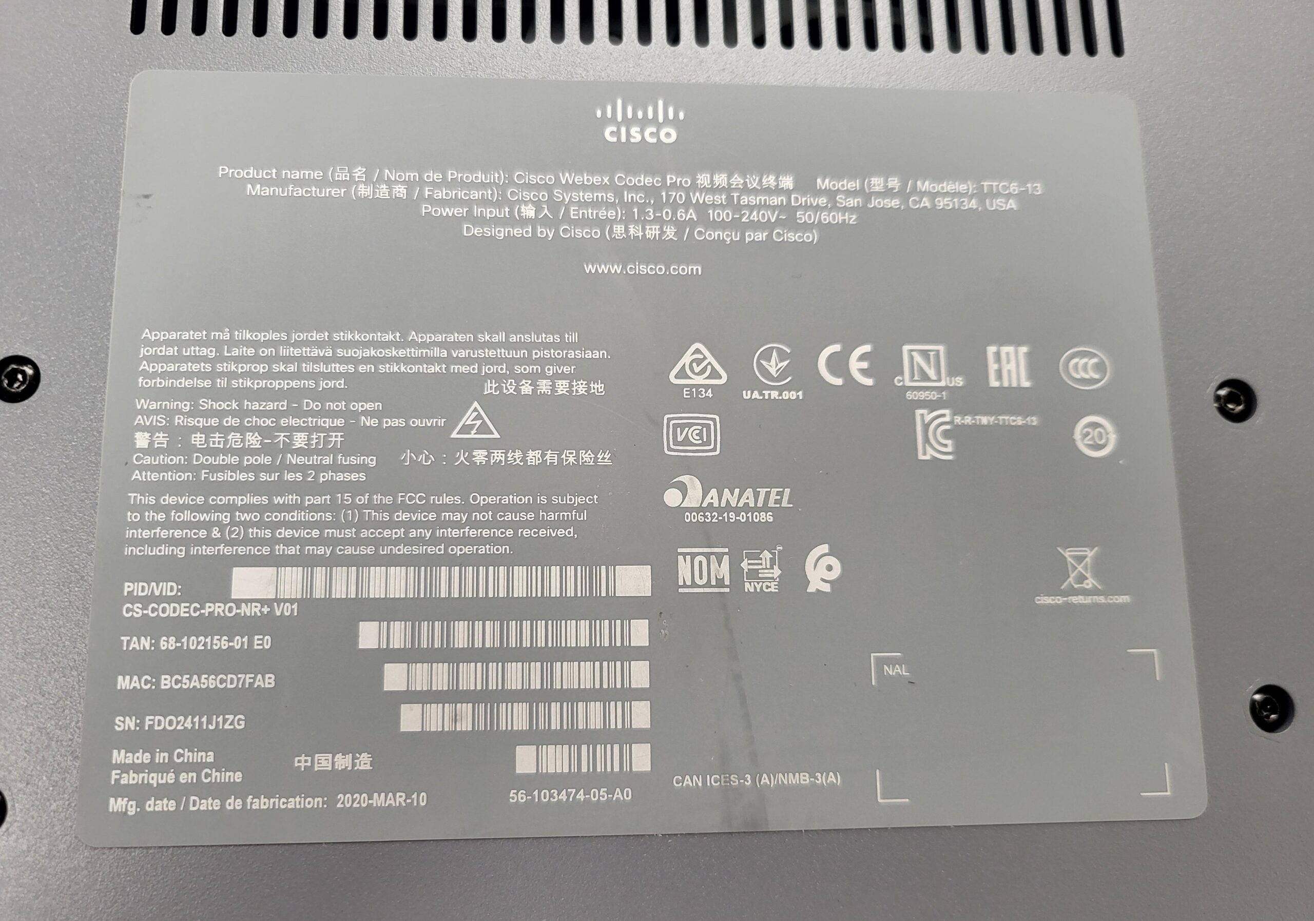 CISCO CS-CODEC-EQ-K9 Video Conferencing Codec