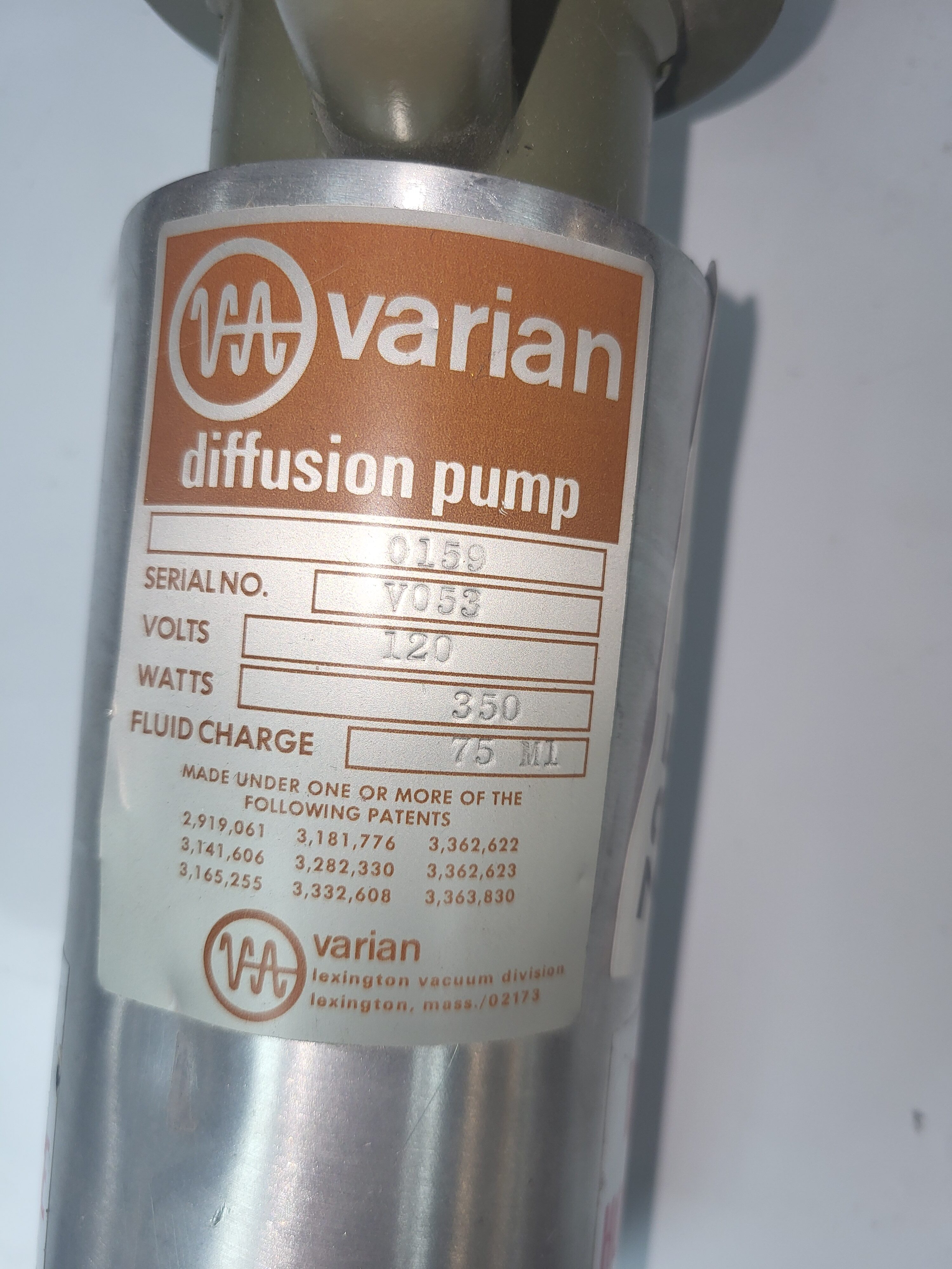 Varian H2 Air Cooled Diffusion Pump - Vacuum Pumps - BMI SURPLUS INC