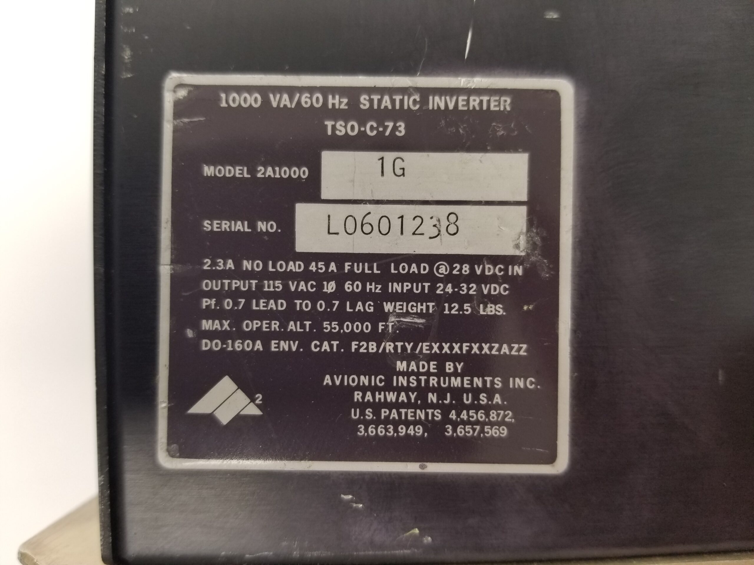 Avionic Instruments Inc. 2A10001G 1000VA/60Hz Static Inverter TSO-C-73 ...