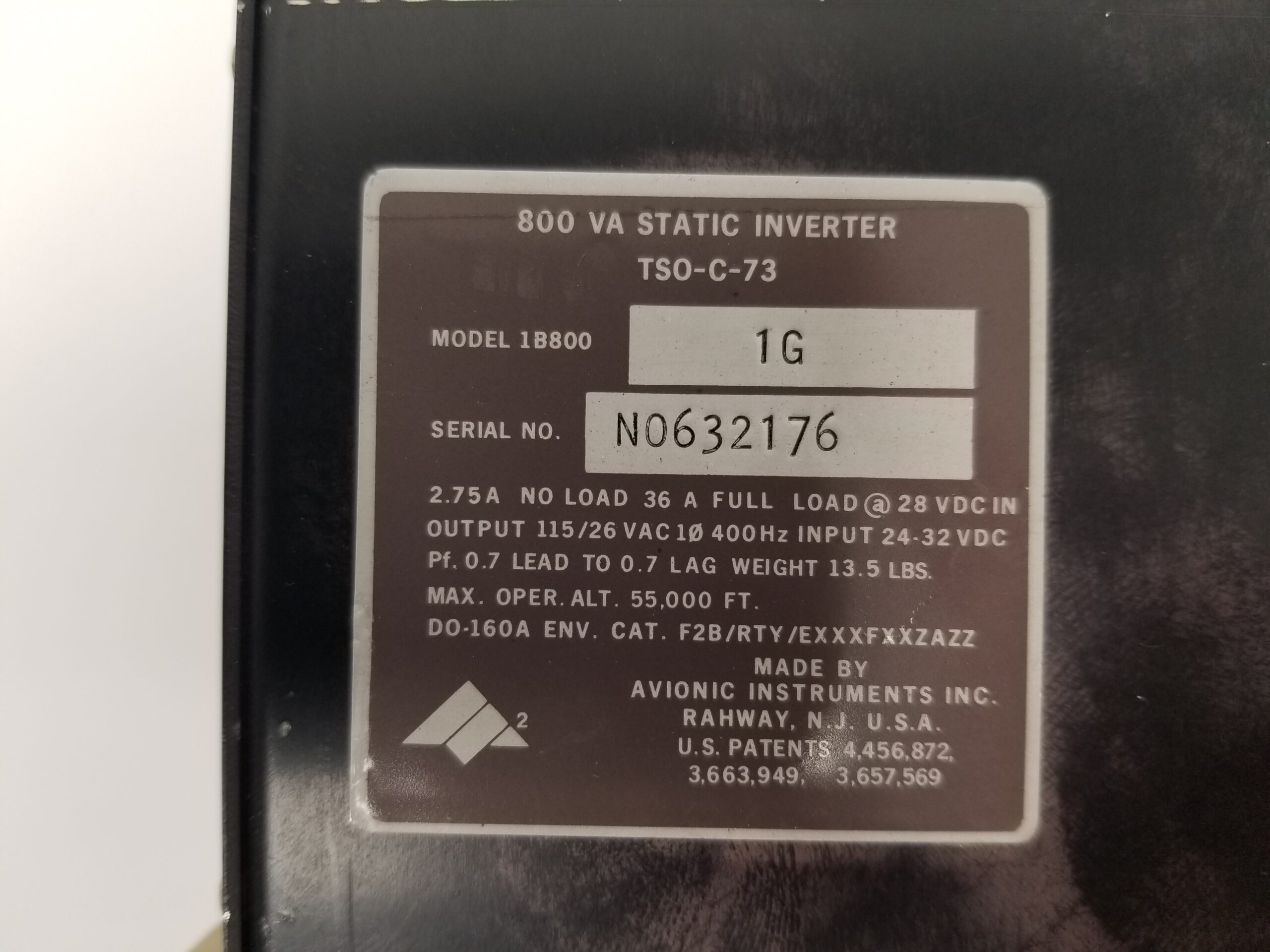 Avionic Instruments Inc. 1B8001G 800VA/400Hz Dual Output Static ...