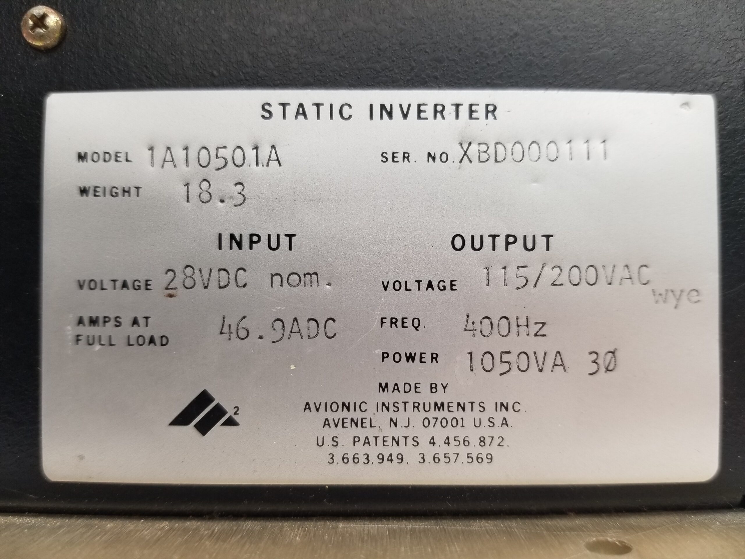 Avionic Instruments Inc. 1A10501A 1050VA/400Hz 3 Phase Dual Output ...