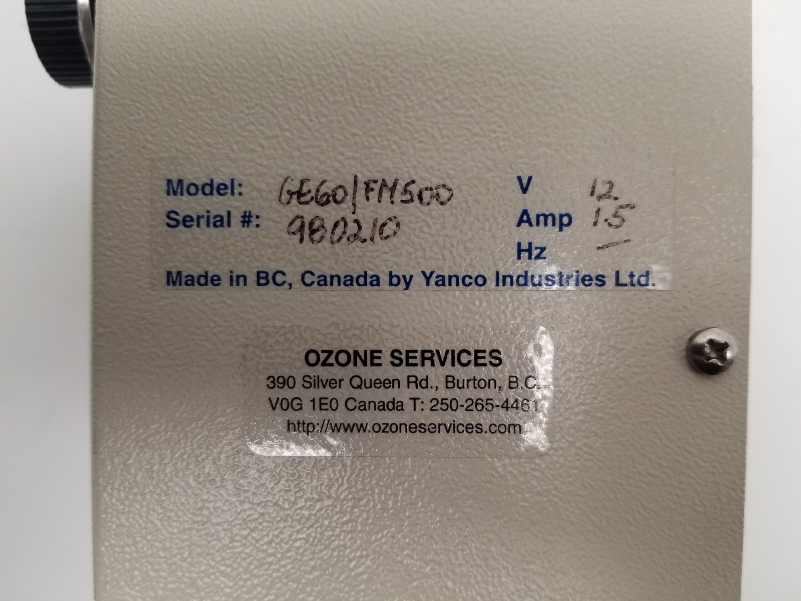 Yanco Industries Ltd. GE60/FM500 Ozone Generator for PARTS/REPAIRYanco ...