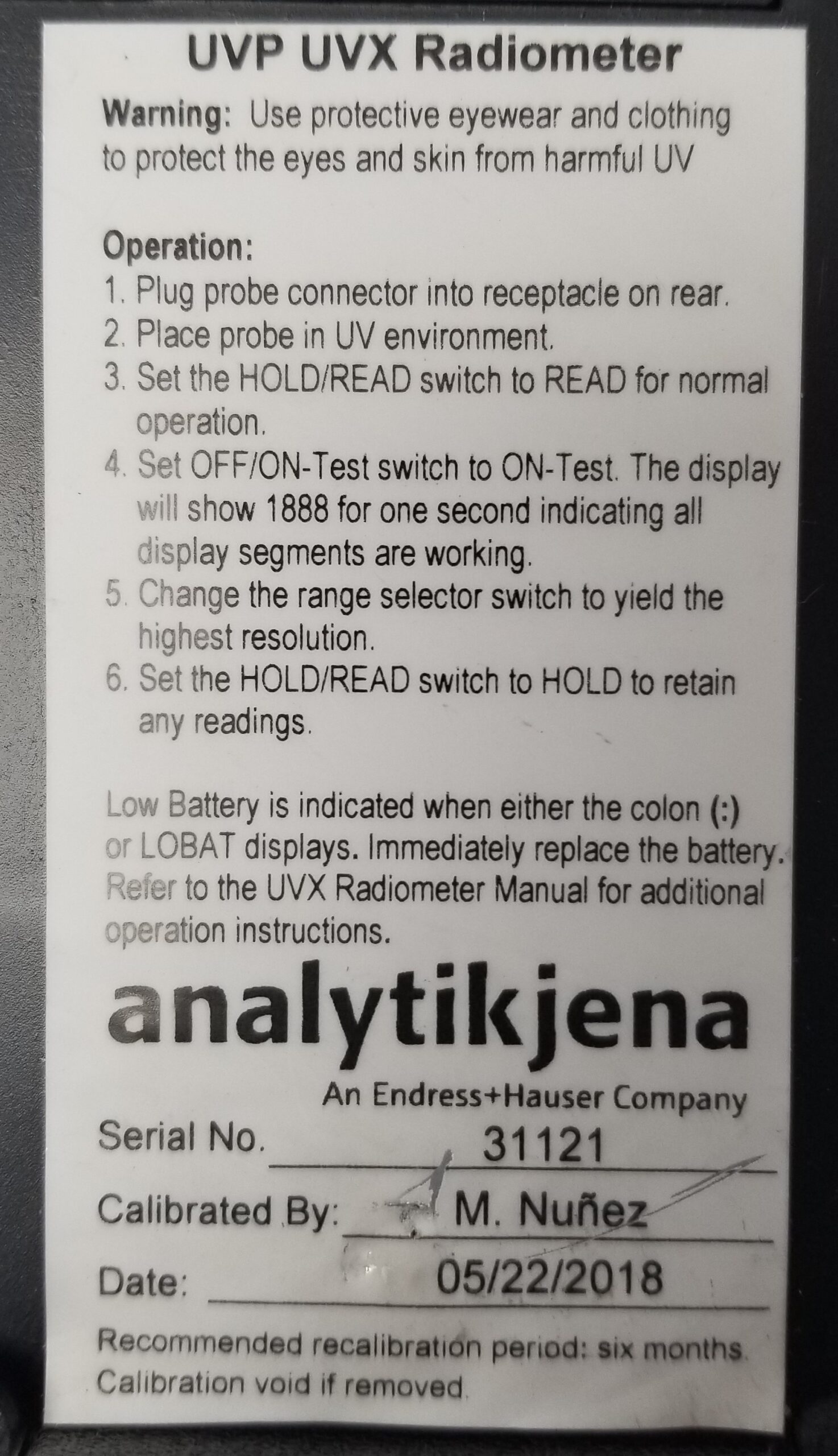 Analytik Jena UVX Radiometer with UVX-36 Sensor